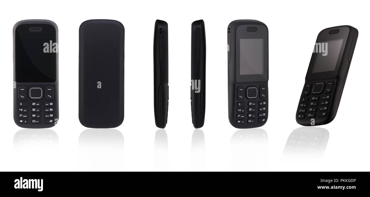from different angles push-button mobile phone on white background with ...
