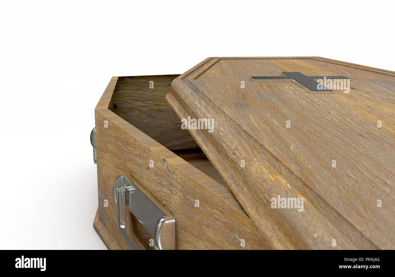 A slightly open empty wooden coffin with a metal crucifix and handles ...