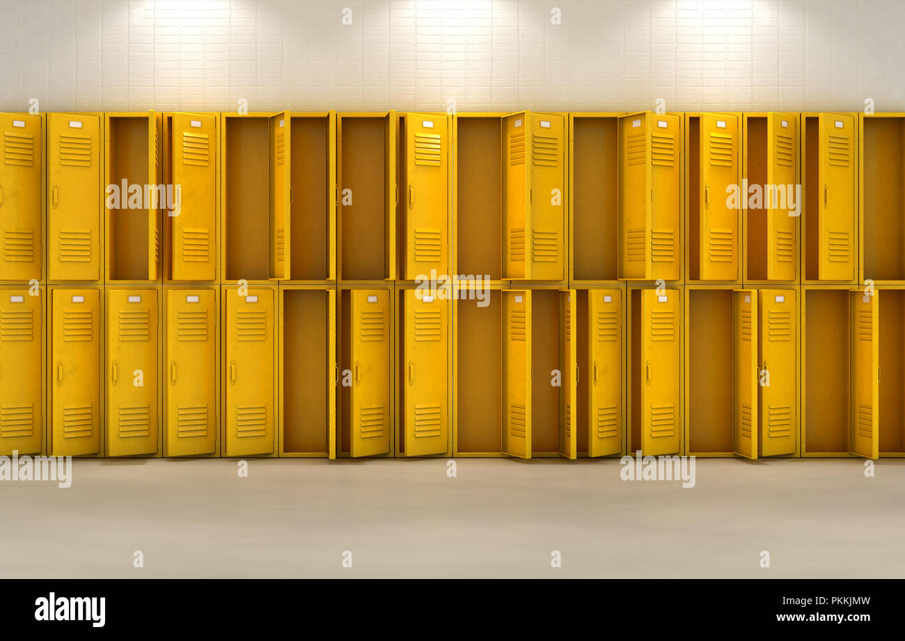 A flat look at a well lit stack of open empty yellow lockers in a ...