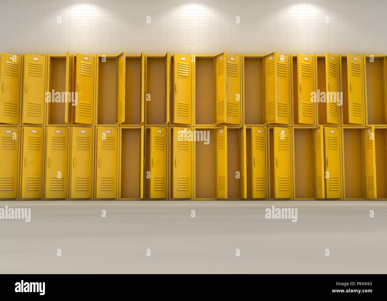 A flat look at a well lit stack of open empty yellow lockers in a ...