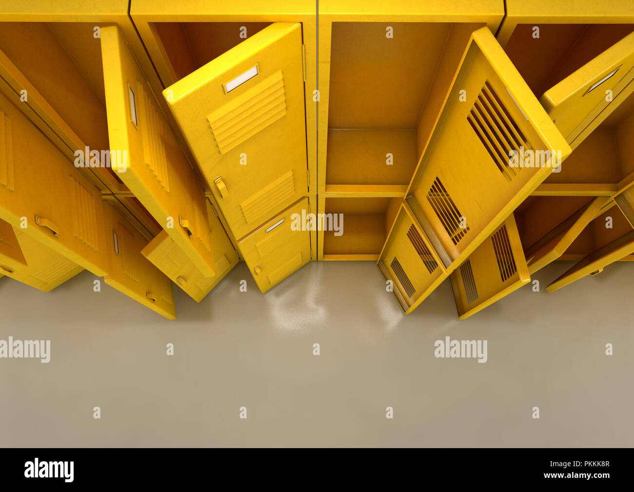 A flat look at a well lit stack of open empty yellow lockers in a ...