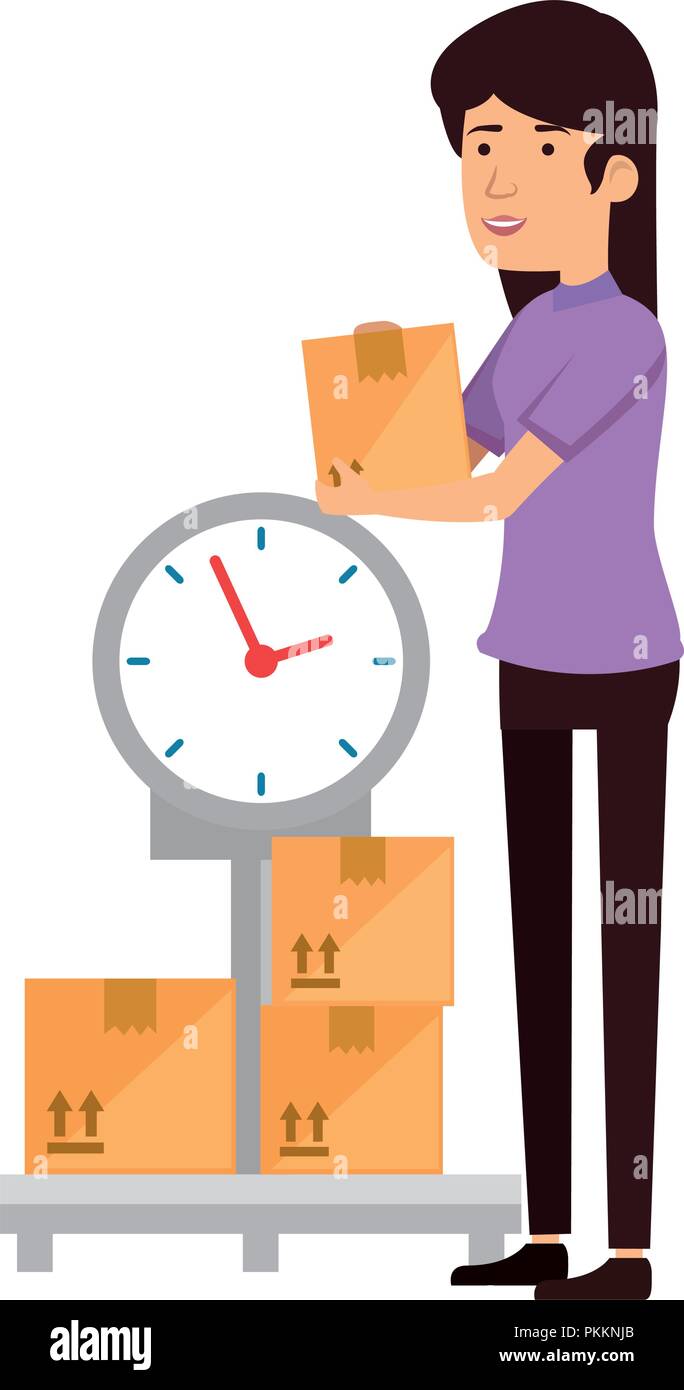 woman receiving merchandise with boxes and balance Stock Vector Image ...