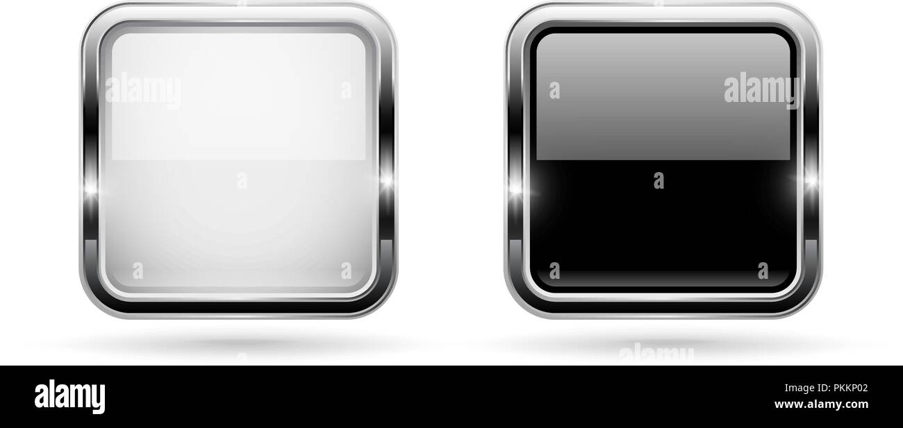 Black and white buttons with chrome frame. Square shiny 3d icons Stock ...