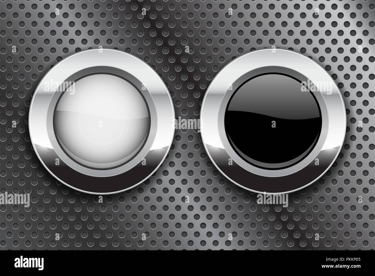 White and black buttons on metal perforated background. Round glass ...