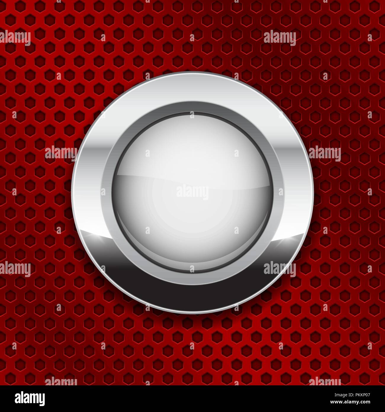 White glass button on red metal perforated background. Round shiny icon ... White glass button on red metal perforated background. Round shiny icon ...