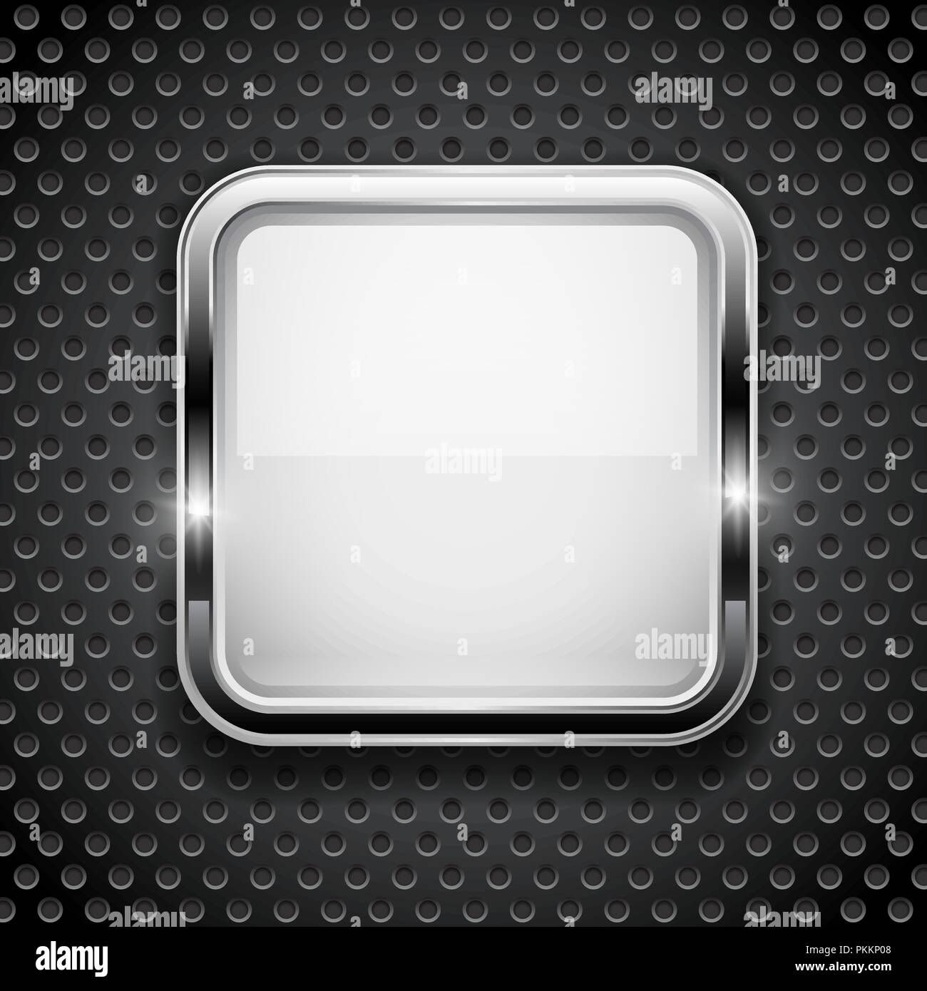 White button on metal perforated background. Square glass icon with ...