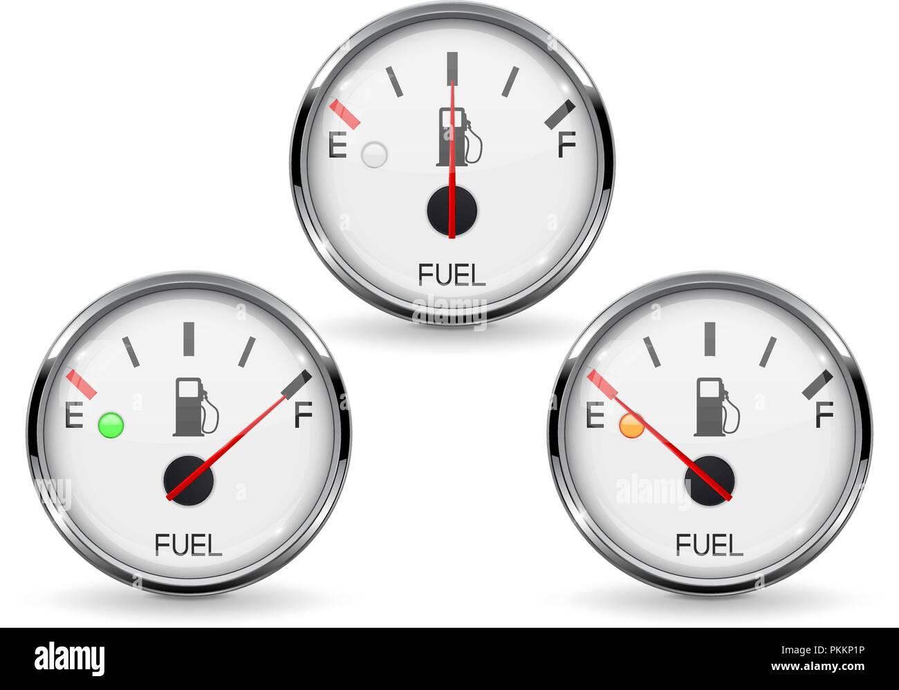 Fuel gauge. Set of round white car dashboard 3d devices with chrome ...