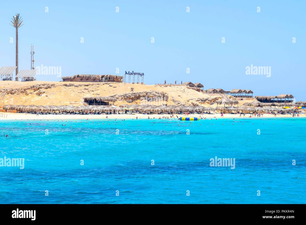 Mahmya island in red sea, Egypt, turquoise water, blue sky, boats and ...