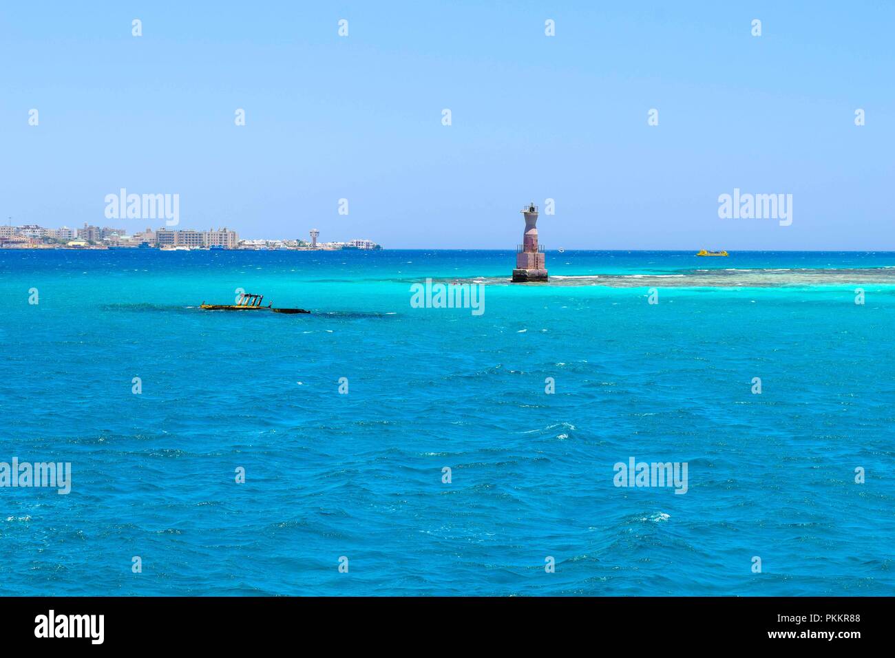 shipwreck over the ocean in egypt, turquoise water, ship wreck in front ...