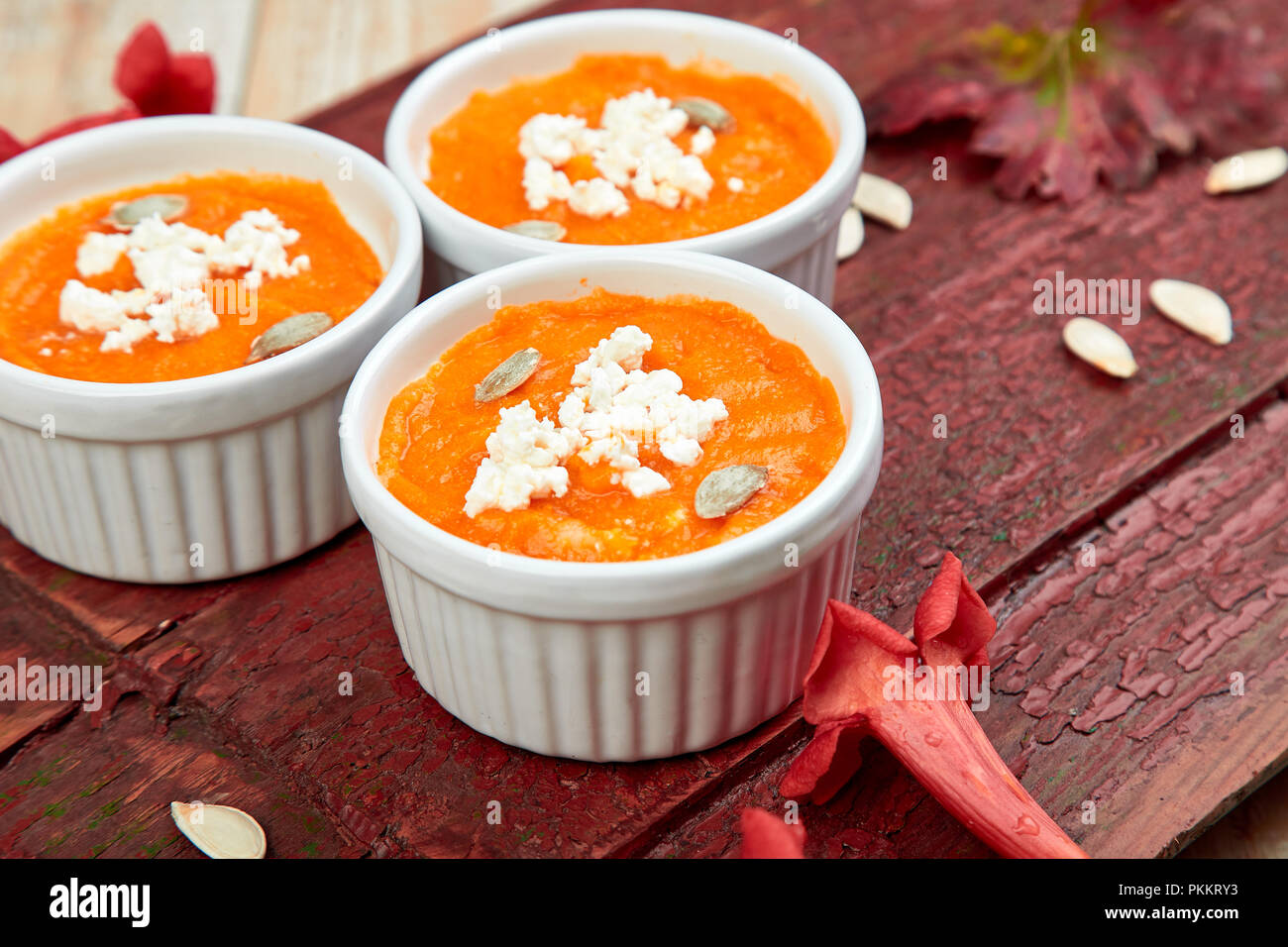 Cream of pumpkin soup or souffle on a white background. Thanksgiving ...