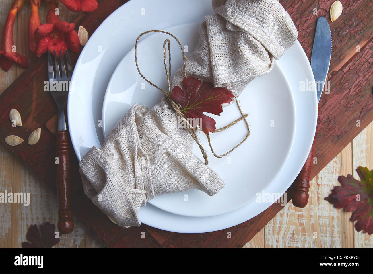 Fall table setting for Thanksgiving day celebration on wooden ...