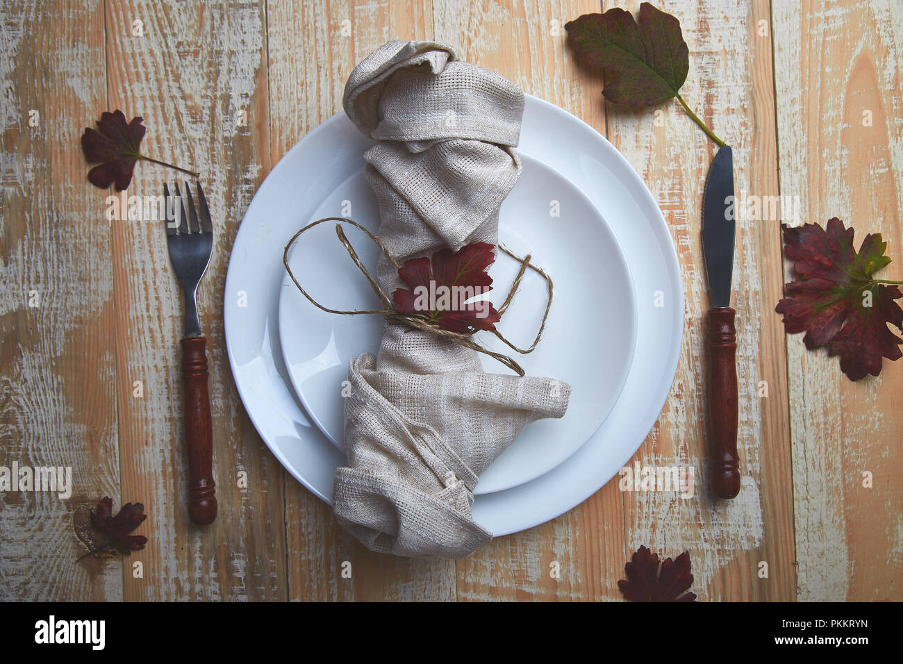 Fall table setting for Thanksgiving day celebration on wooden ...