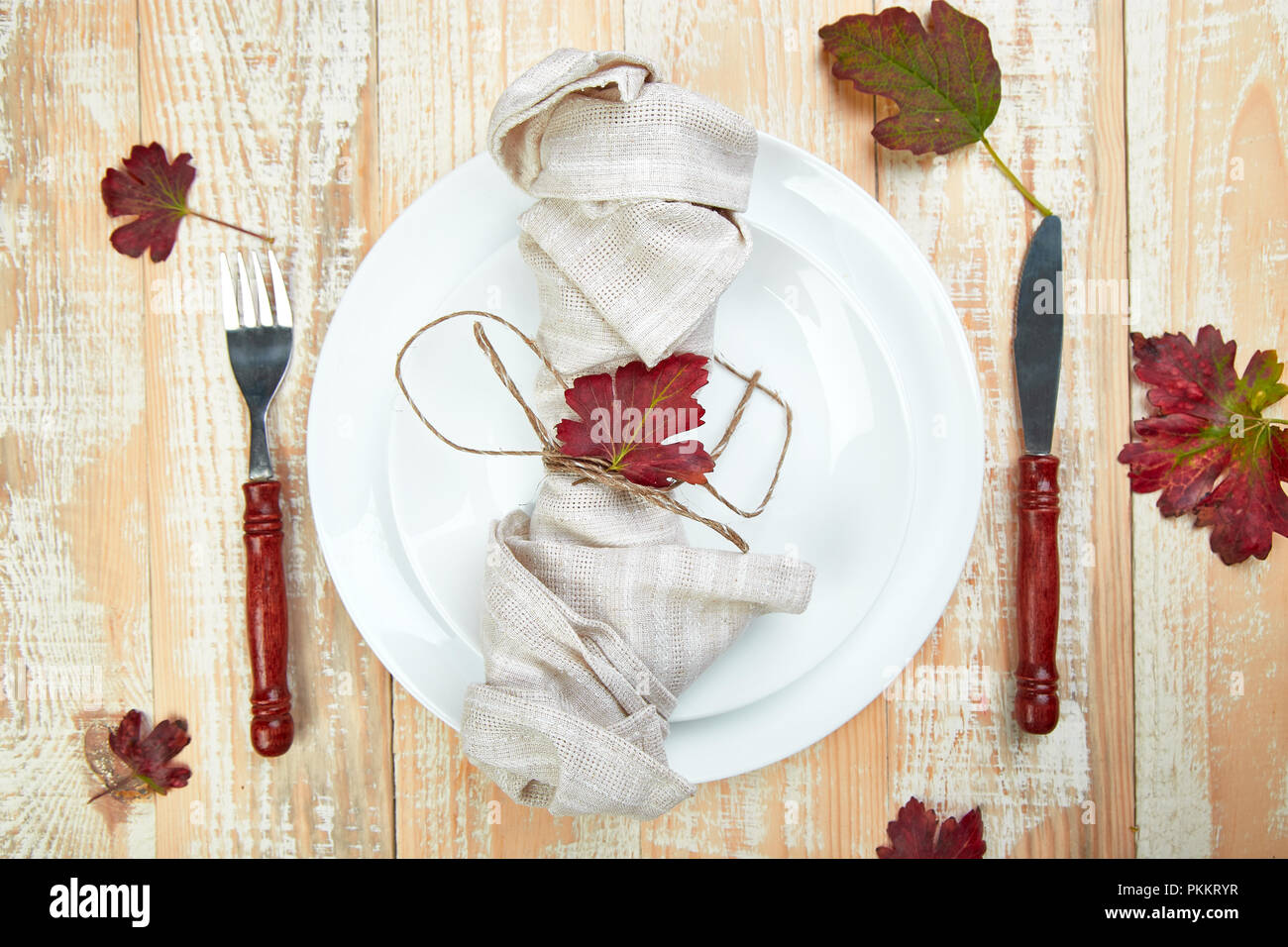 Fall table setting for Thanksgiving day celebration on wooden ...