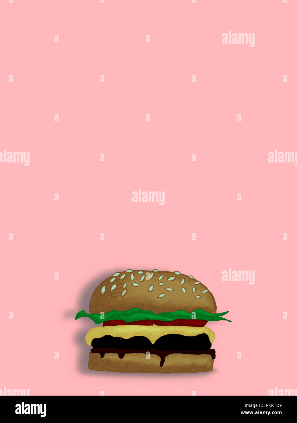 illustration of a colored hand drawn burger on a pastel pink background ...