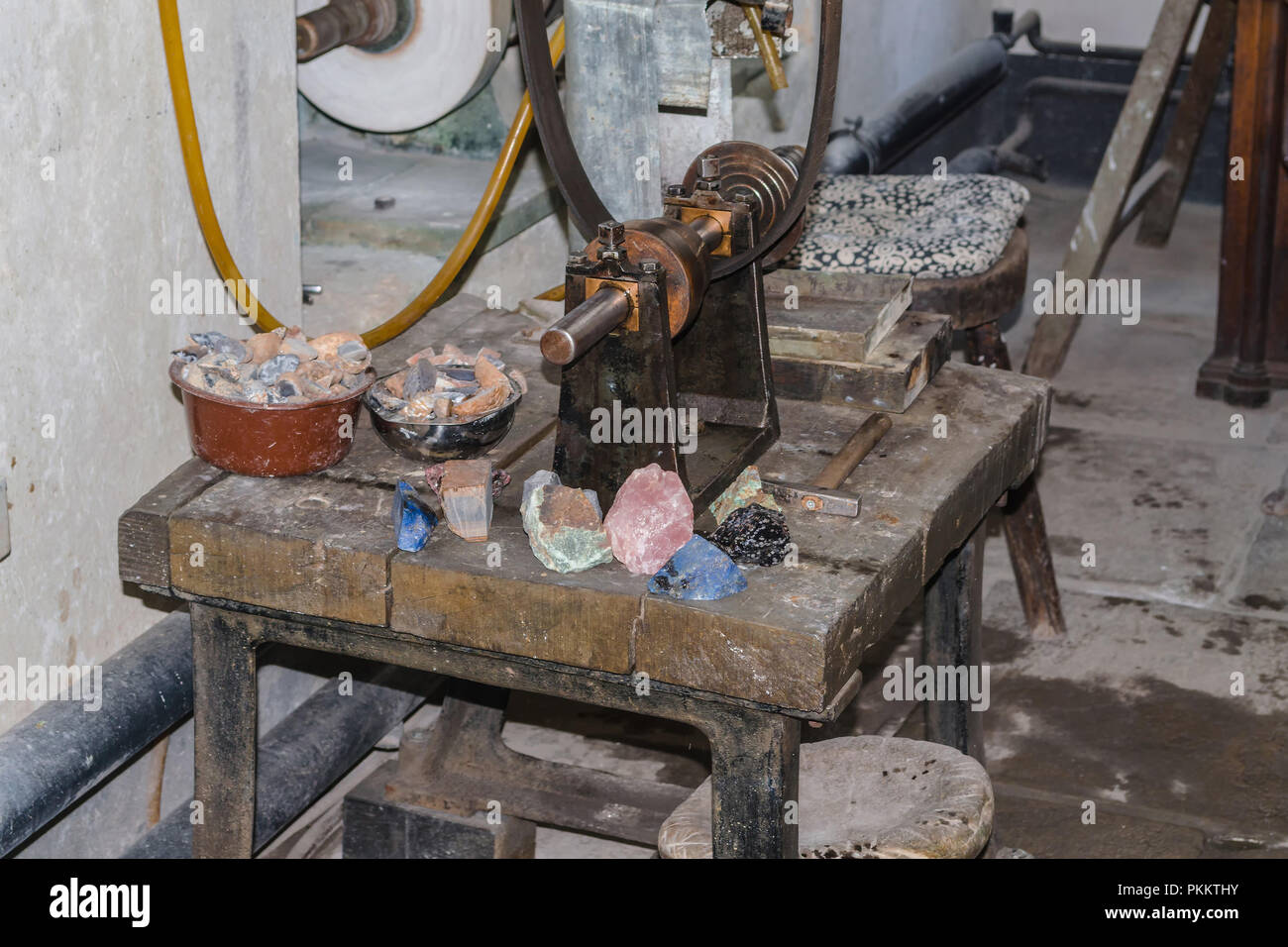 Old workbench with various tools and machines Stock Photo - Alamy