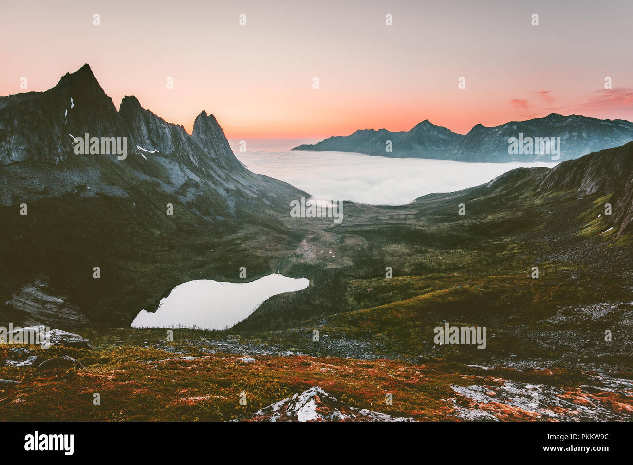 Mountains and lake Landscape aerial sunset view in Norway Travel ...