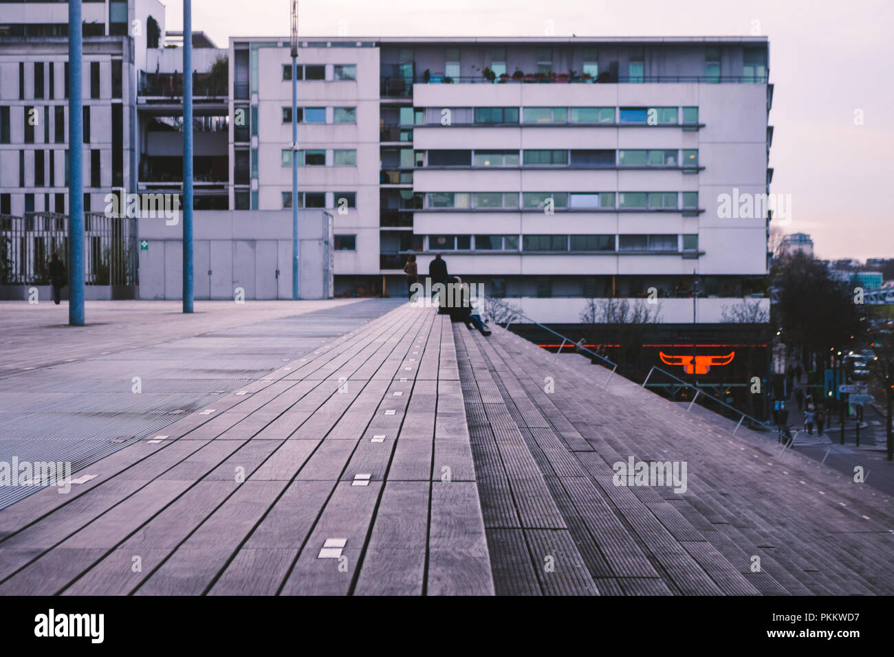 Friends sitting on the wooden stairs of Simone De Beauvoir Gateway ...