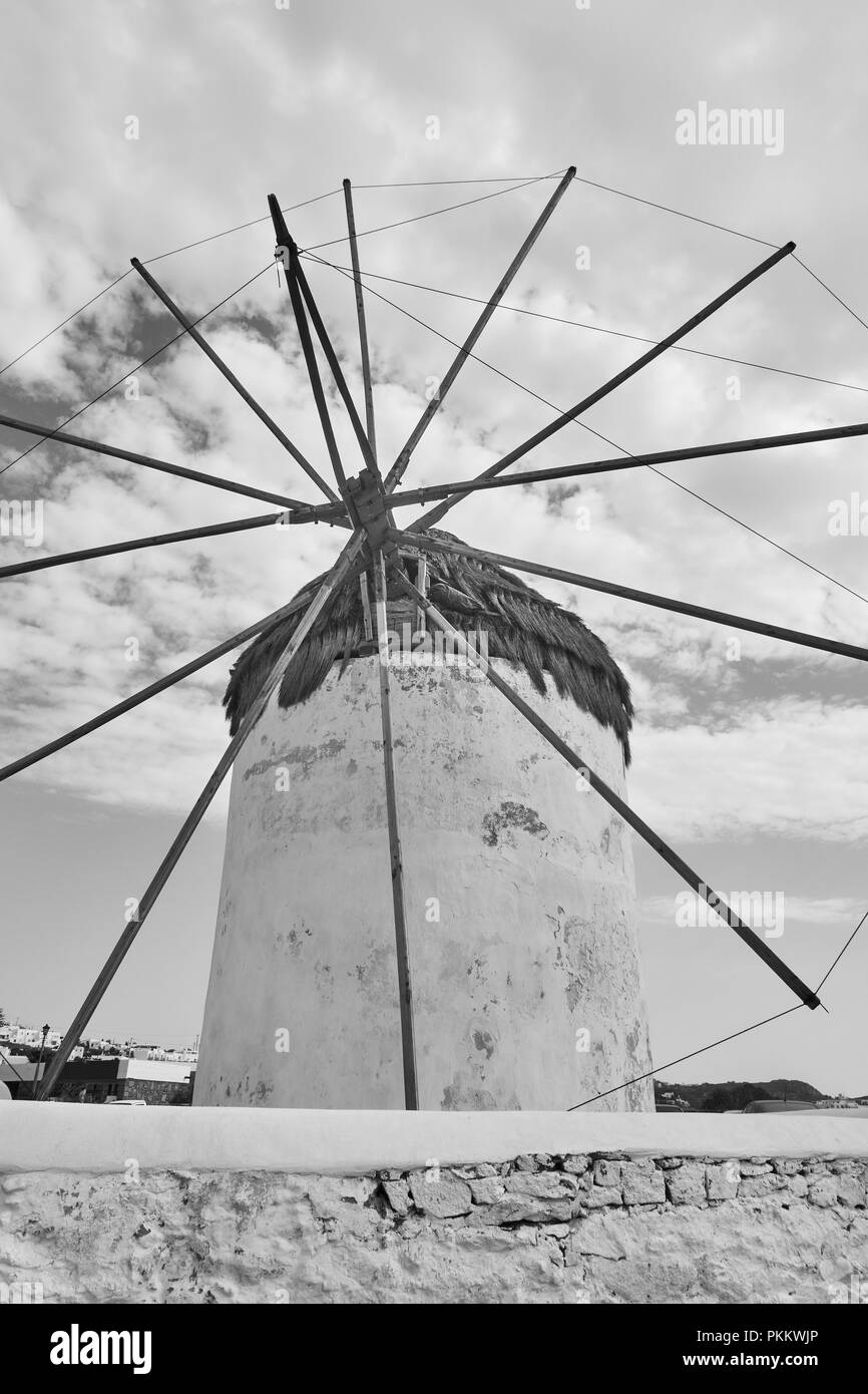 Traditional greek windmill in Mykonos island, Greece. Black and white ...