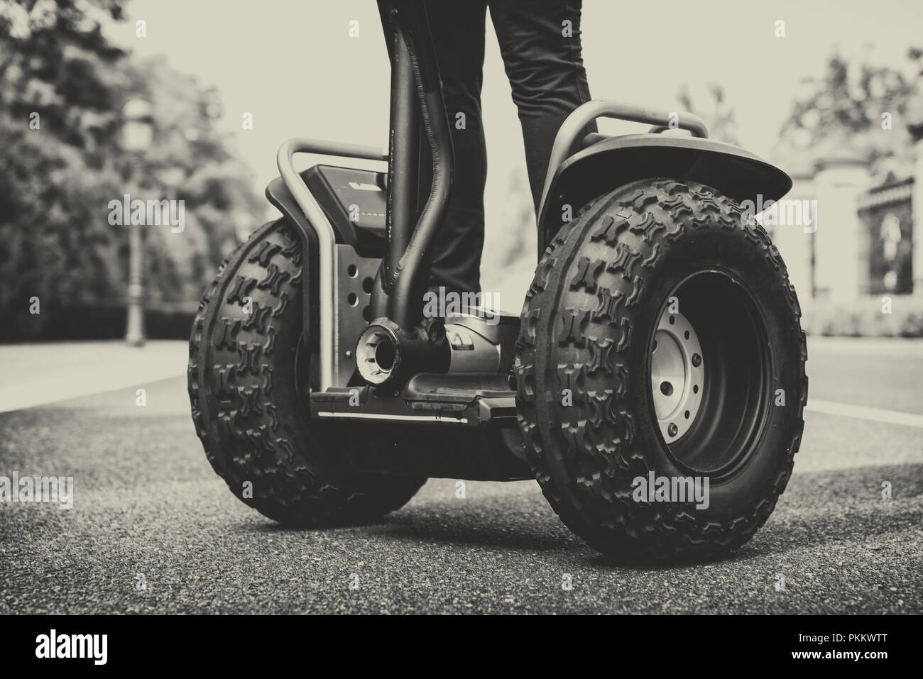Close up detail of the wheels of a Segway personal transporter with the ...