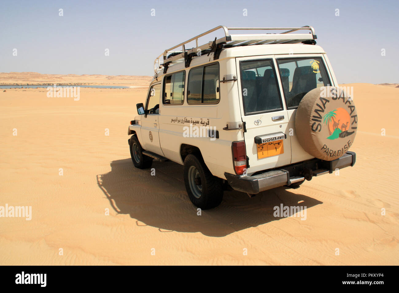 Off-road vehicle heading towards a oasis near the Libyan boarder Stock ...