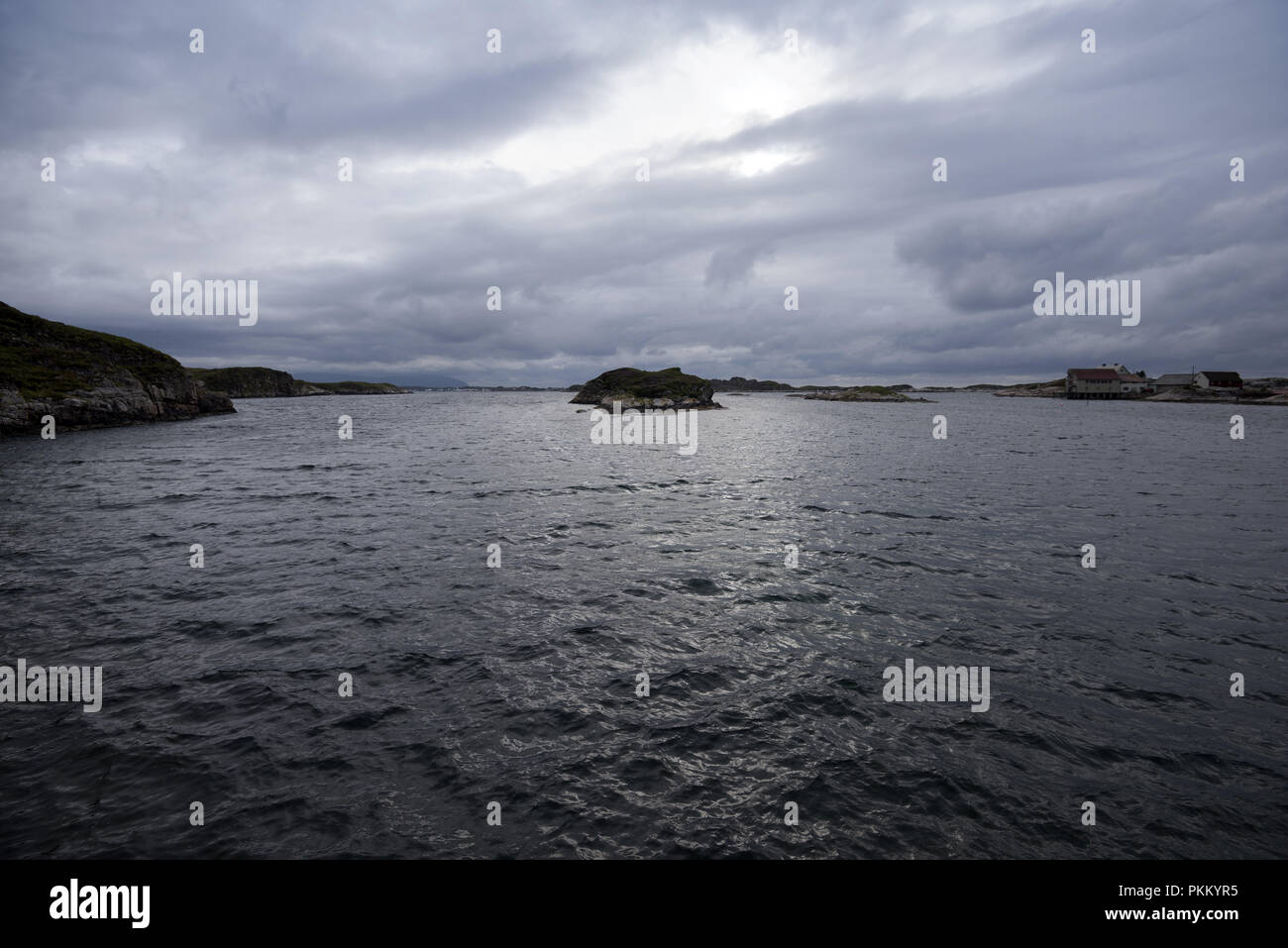 Norwegian landscapes on a cloudy, rainy day. Averoy, Northern Atlantic ...