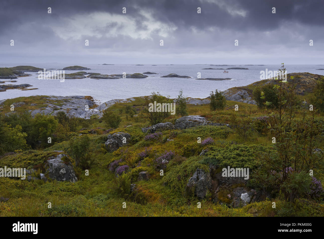 Norwegian landscapes on a cloudy, rainy day. Averoy, Northern Atlantic ...