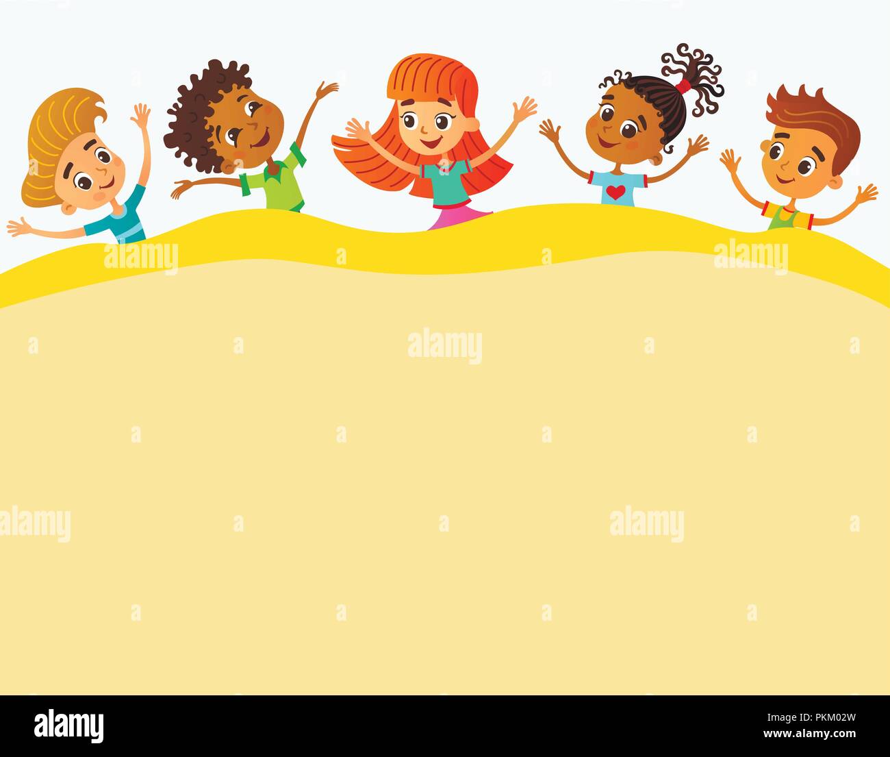 Happy and funny children stand around a large banner, poster, po Stock ...