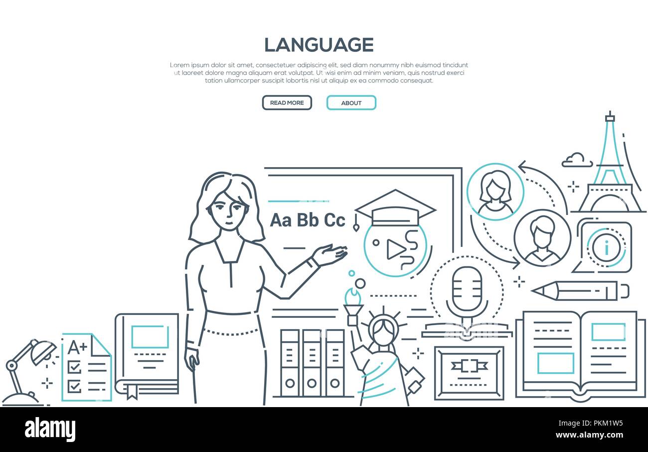 Language lesson - colorful line design style banner on white background ...