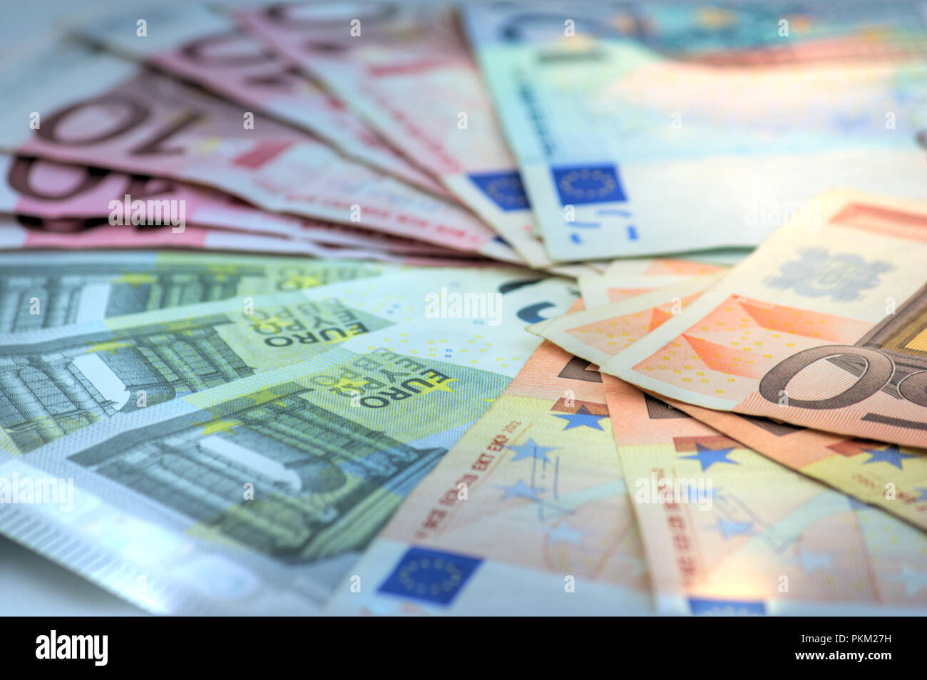 Close-up of all Euro banknotes in circulation in the European Economic ...