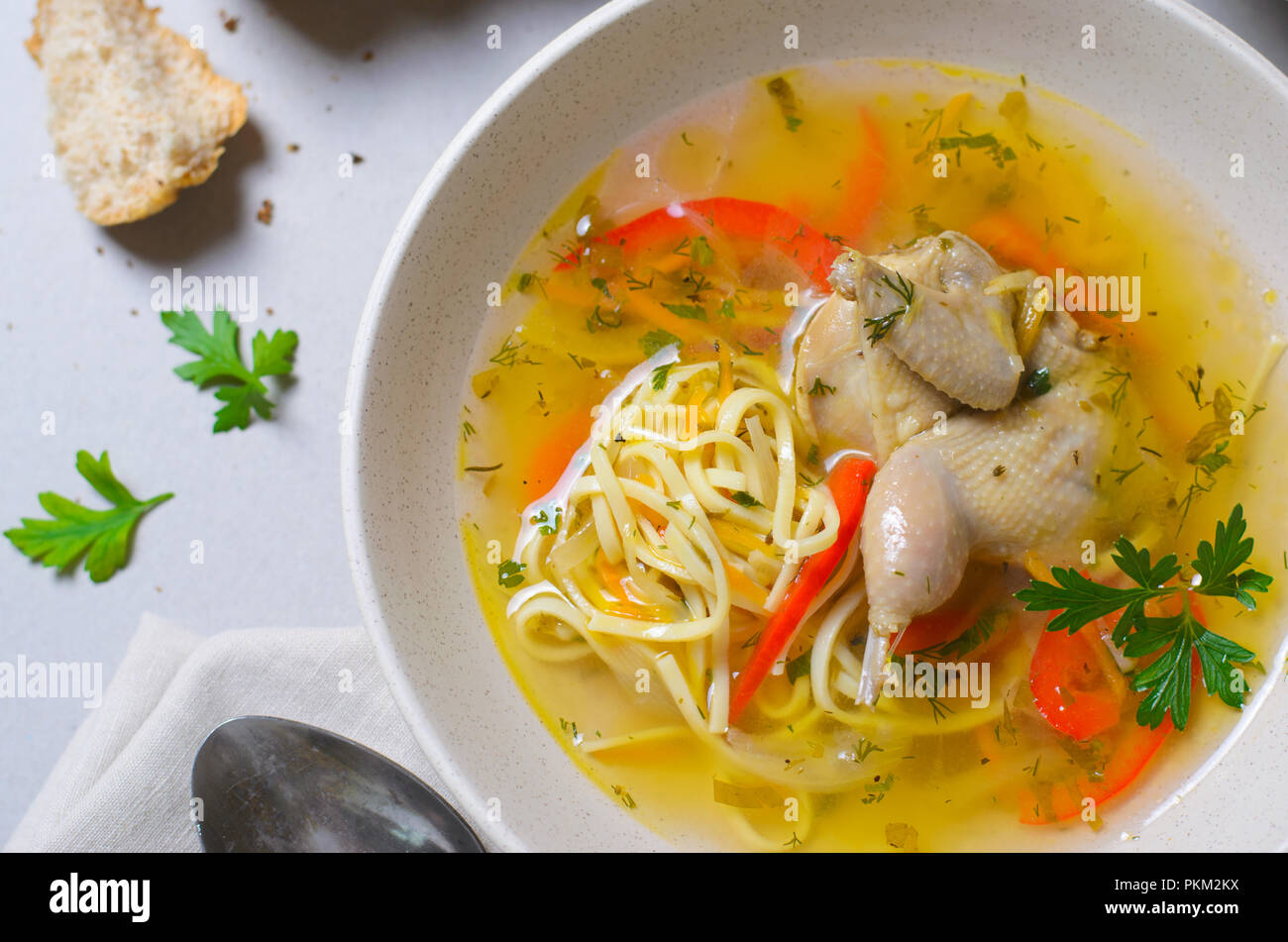 Quail Noodle Soup, Homemade Broth with Noodles and Vegetables Served ...