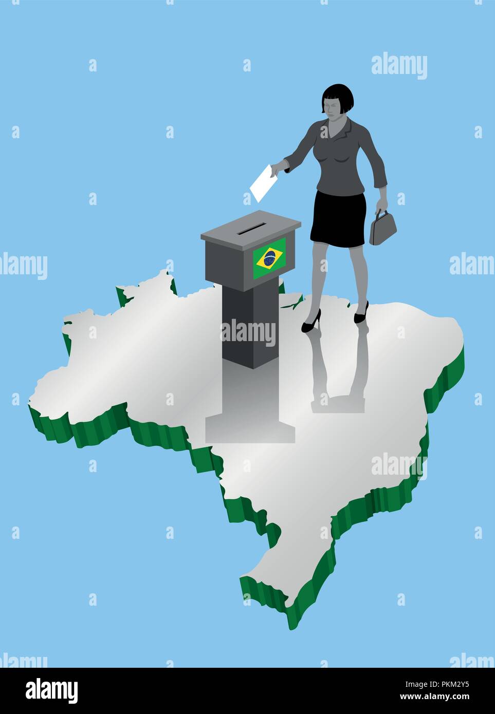 Brazilian woman citizen voting for Brazil election over an 3D Map. All ...