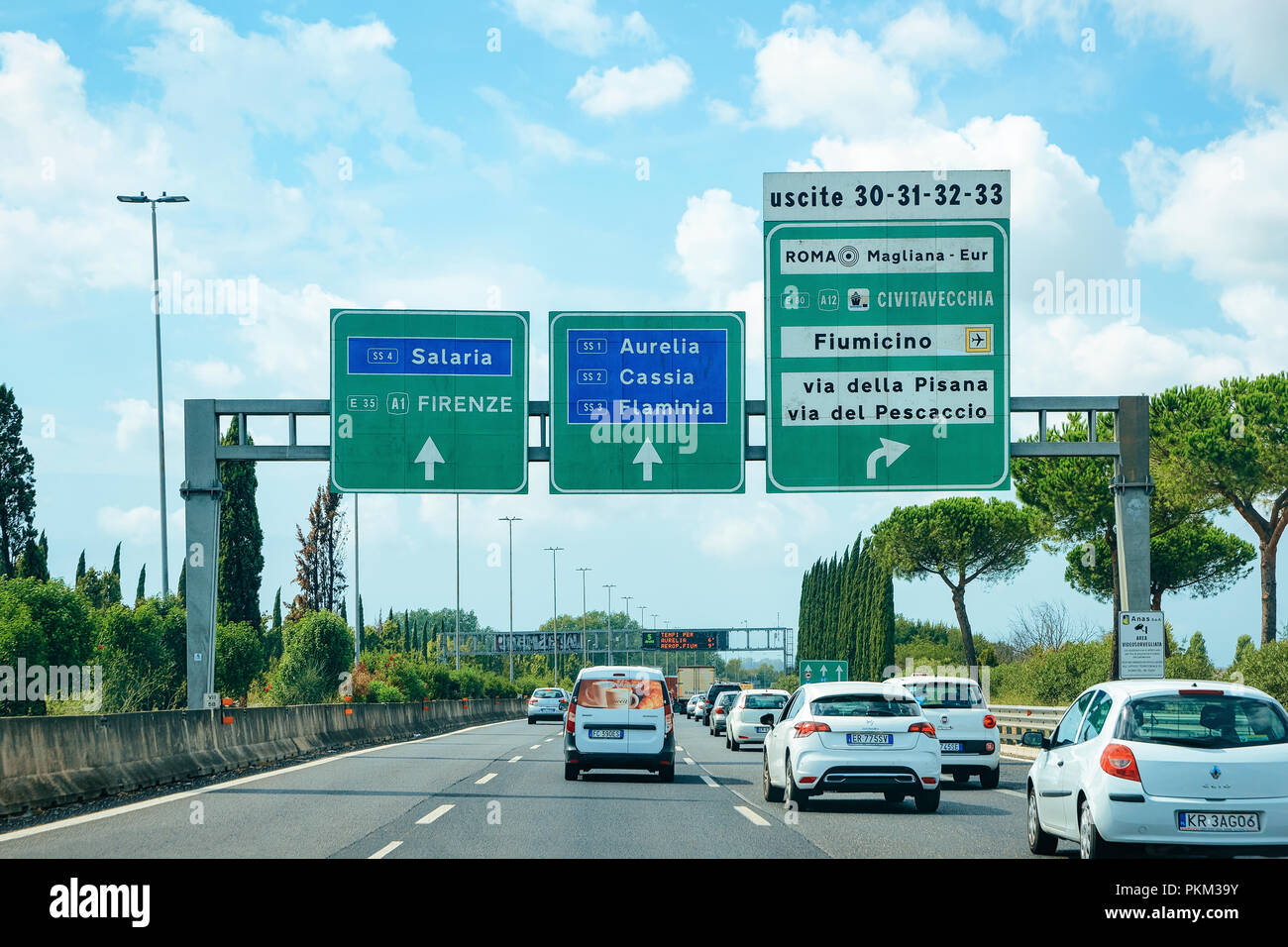 Rome, Italy - September 7, 2017: Cars and traffic signs to Firenze and ...