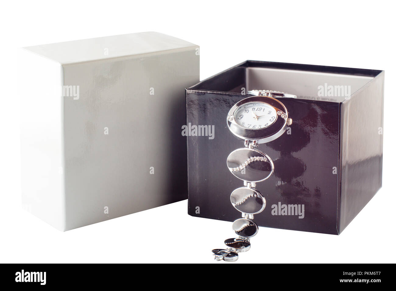 clock with box on white background Stock Photo - Alamy