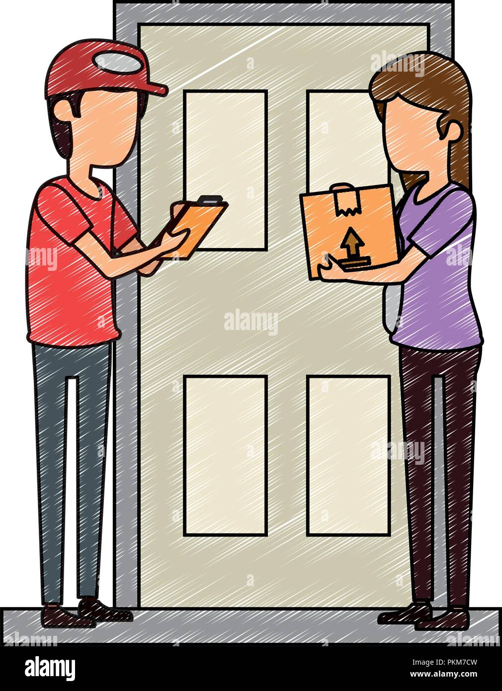 delivery worker with woman receiving in door Stock Vector Image & Art ...
