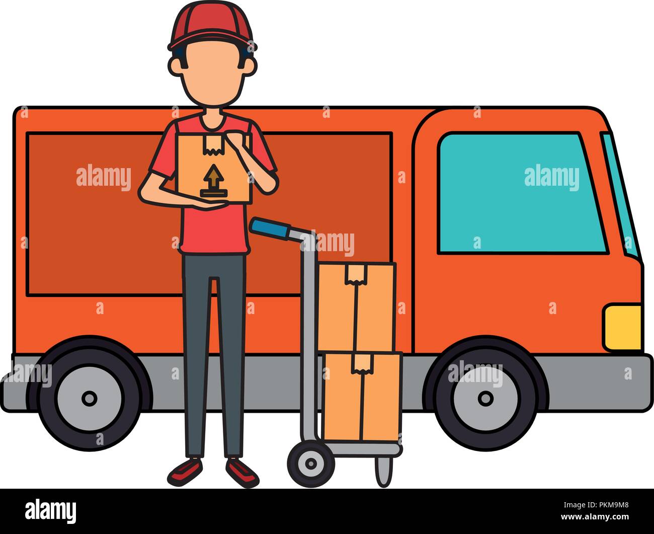 delivery worker with cart and truck Stock Vector Image & Art - Alamy