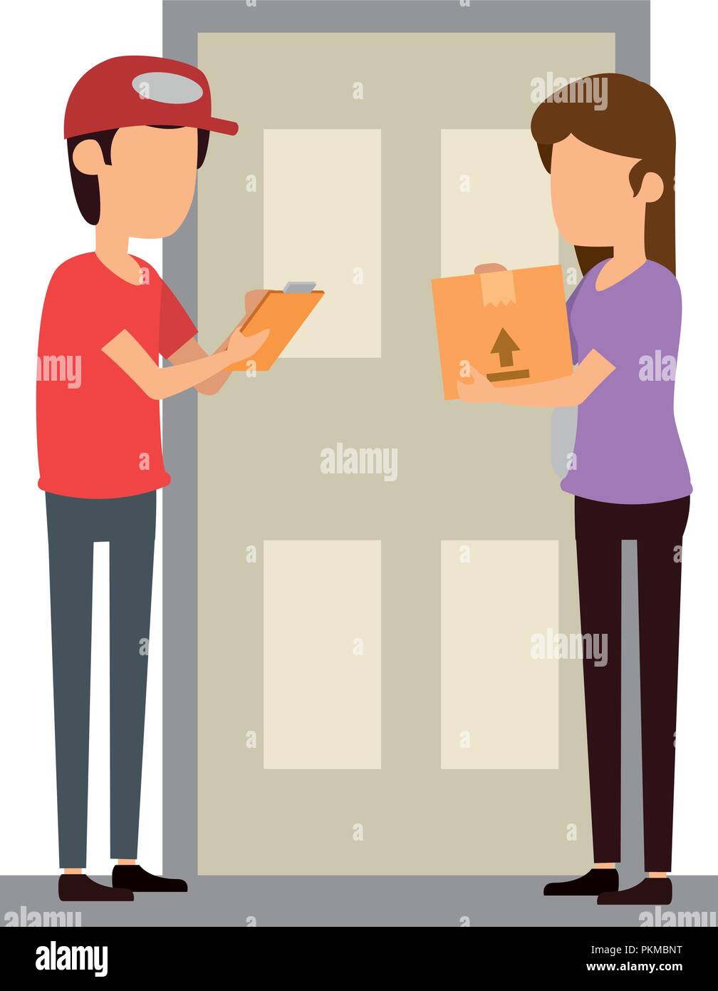 delivery worker with woman receiving in door Stock Vector Image & Art ...