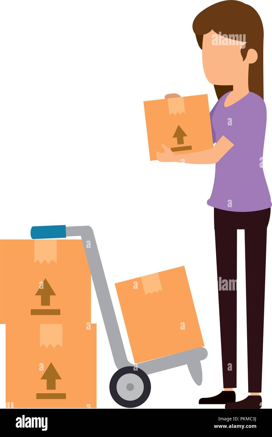 woman receiving merchandise with boxes and cart Stock Vector Image ...