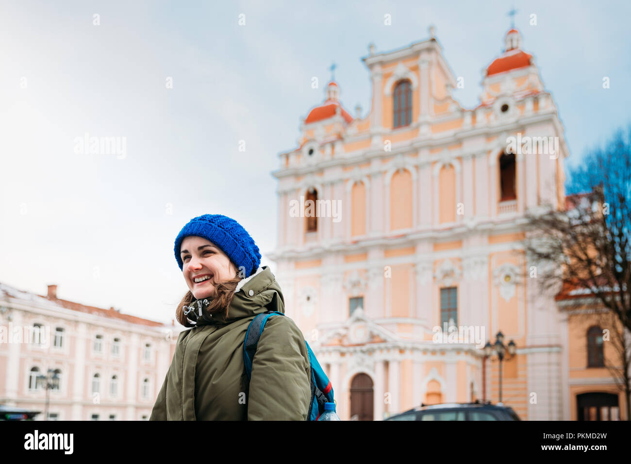 Vilnius Lithuania Young Beautiful Pretty Caucasian Girl Woman Tourist Smiling On Background