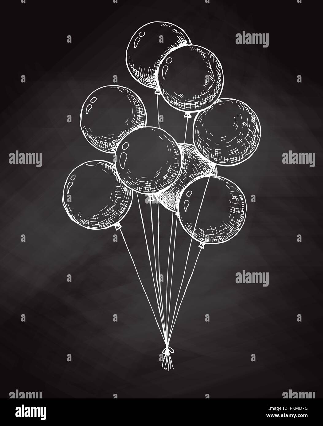 Group of balloons on a string. Hand drawn chalk on the board. Vector ...