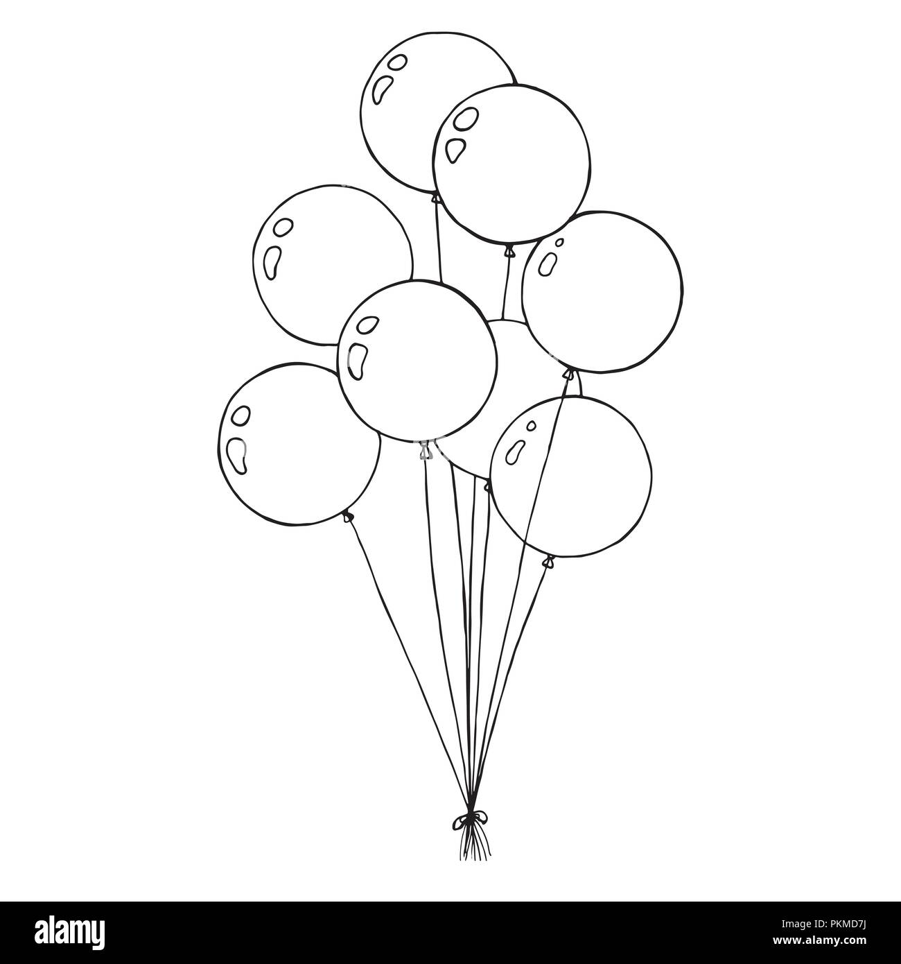 Group of balloons on a string. Hand drawn, isolated on a white ...