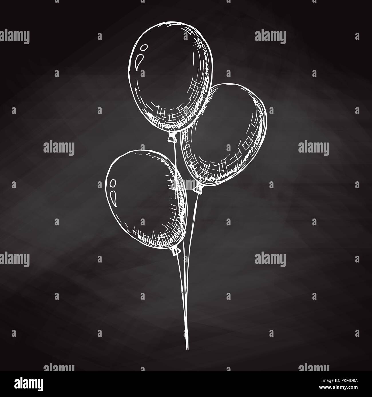 Group of balloons on a string. Hand drawn chalk on the board. Vector ...