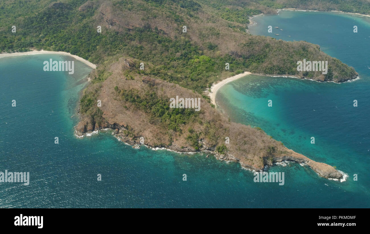 Aerial view of seashore with beach, lagoons and coral reefs ...