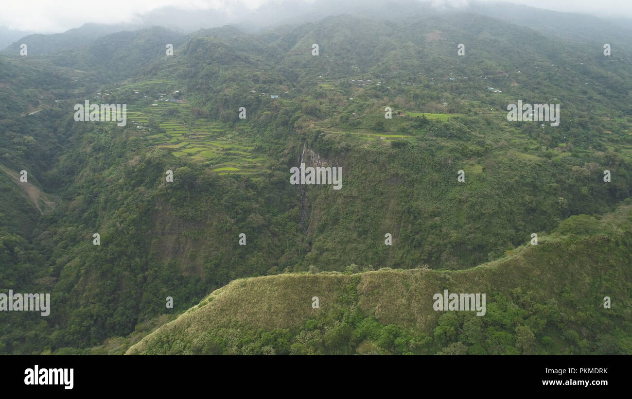 Aerial view of rice fields and agricultural land on the slopes of the ...