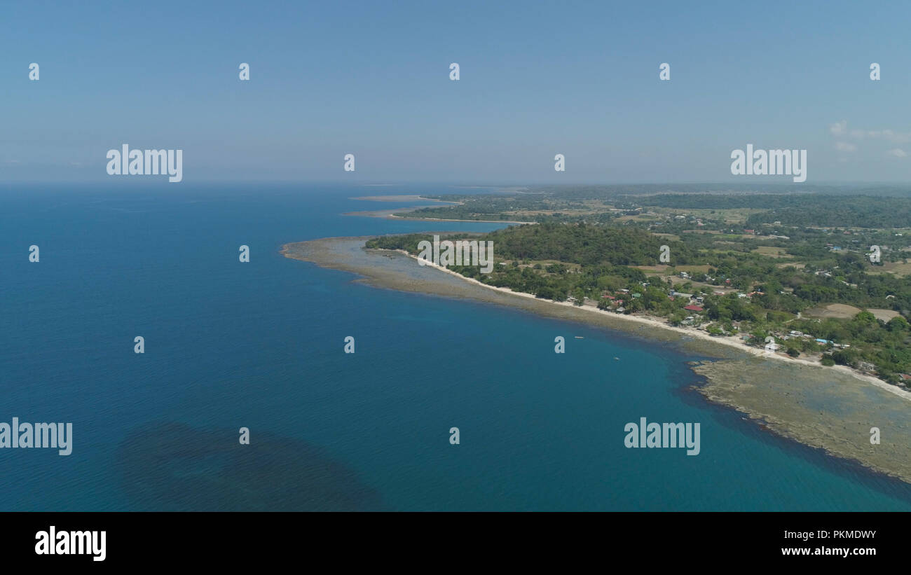 Aerial view of seashore with beaches, lagoons and coral reefs ...