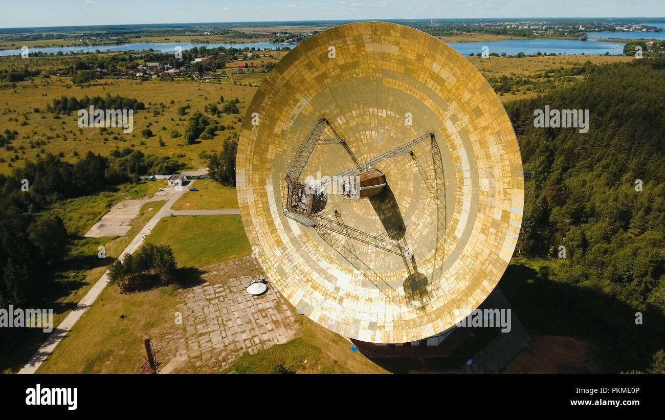 Radio astronomy observatory located in the forest. Aerial view Giant ...