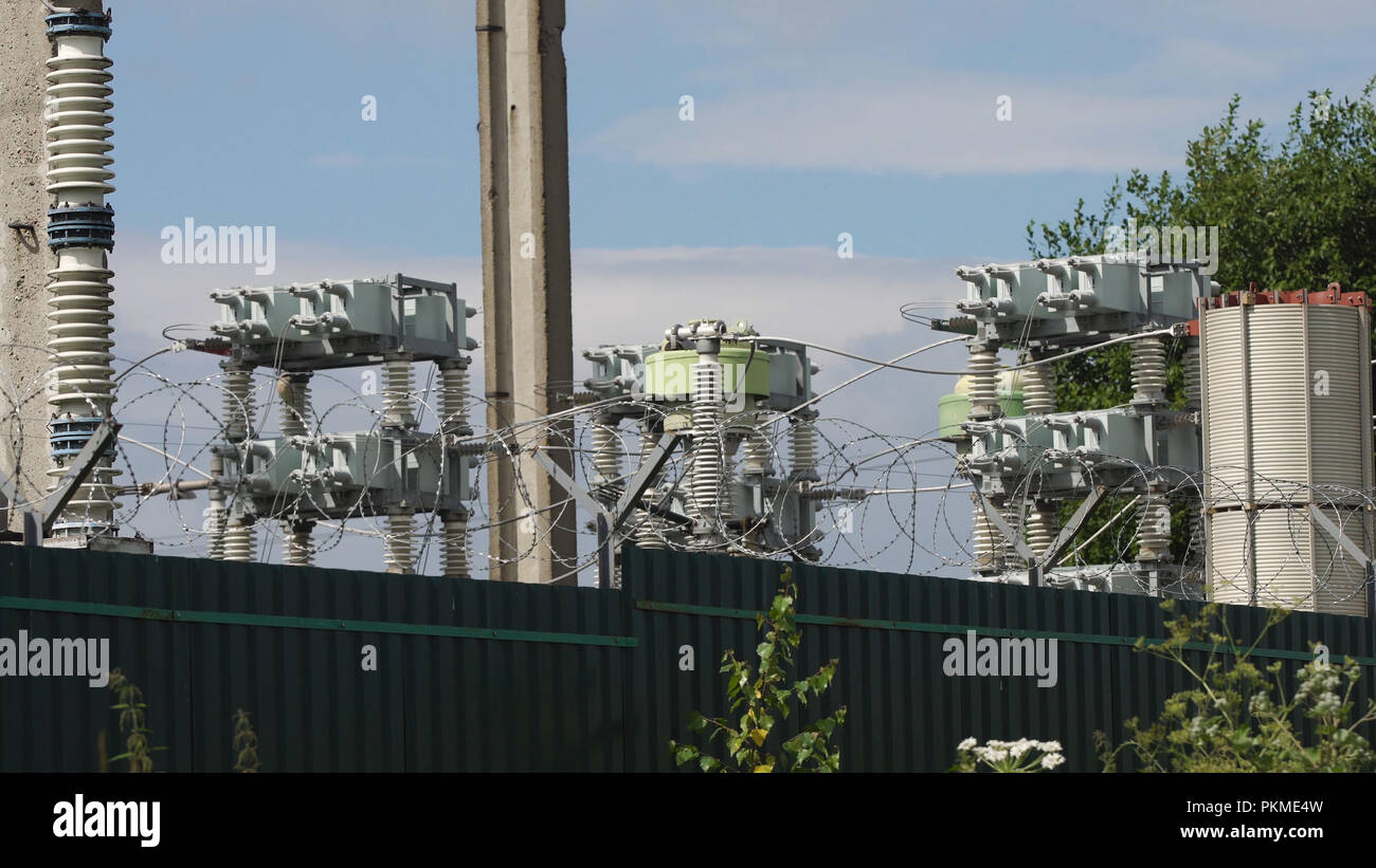 Aerial view Power plant, transformation station, cables and wires ...
