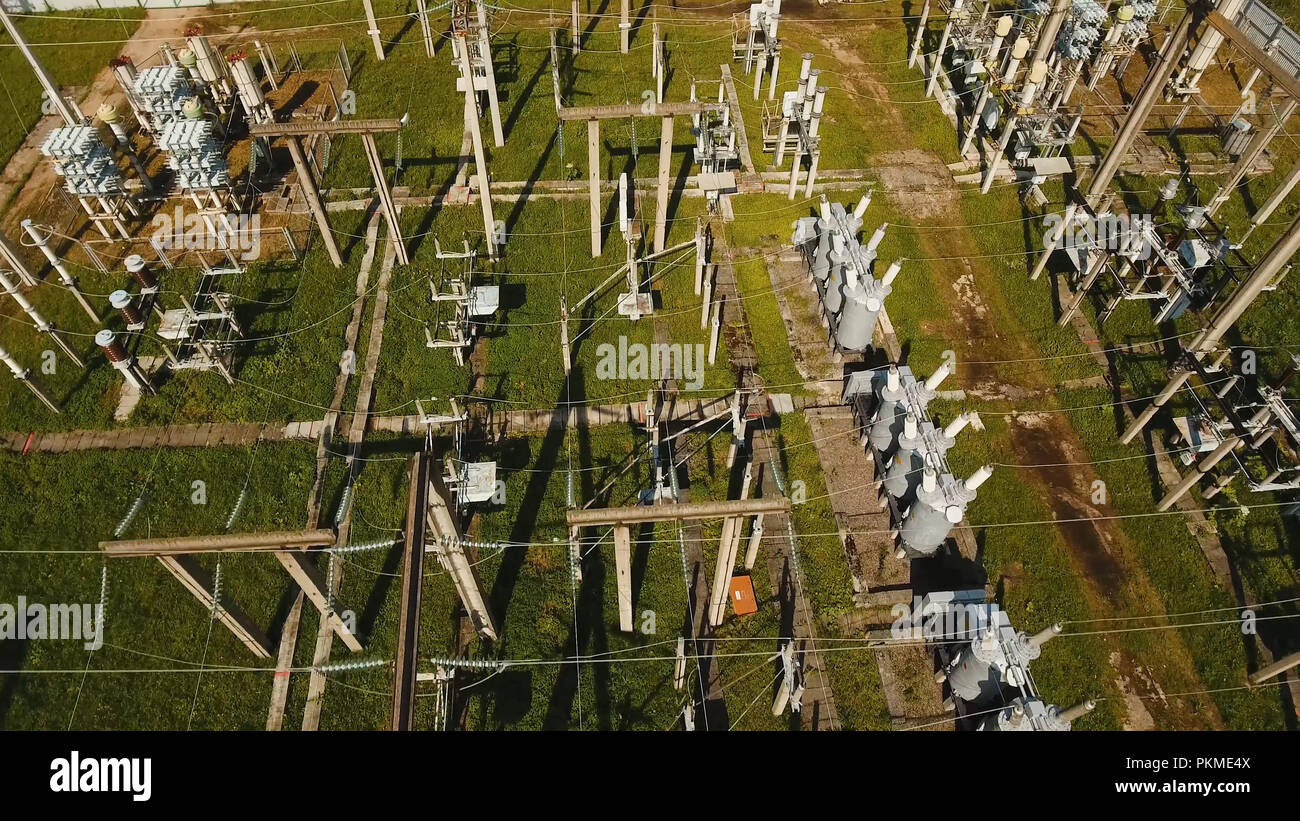 Aerial view Power plant, transformation station, cables and wires. High ...