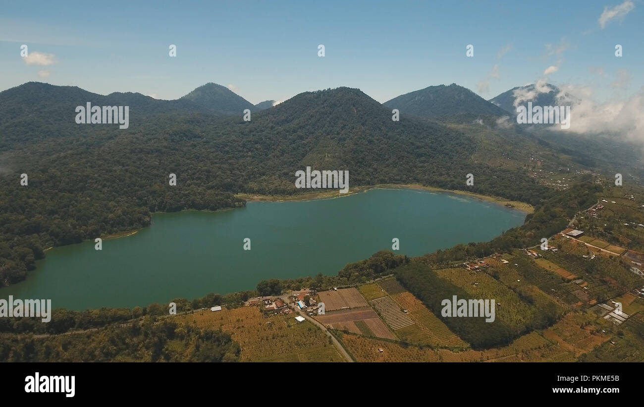 Aerial view of Lake Tamblingan, a caldera lake at Bali. Beautiful lake ...