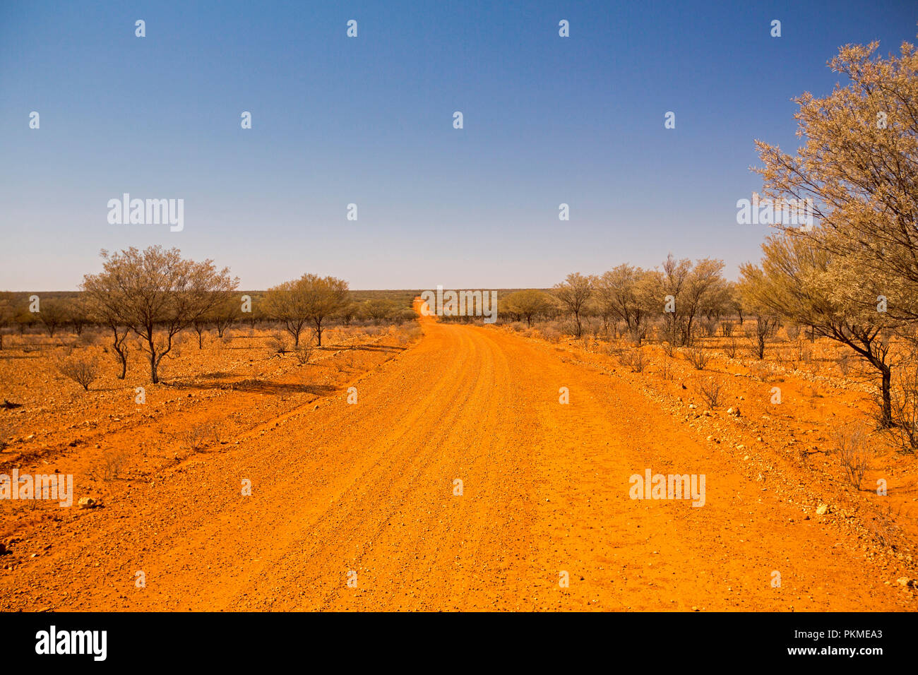 Red Australian outback road slicing through arid landscape cloaked with ...