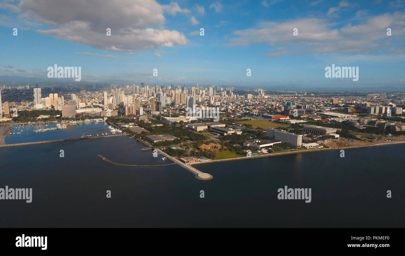 Aerial view skyline of Manila city, Makati. Fly over city with ...